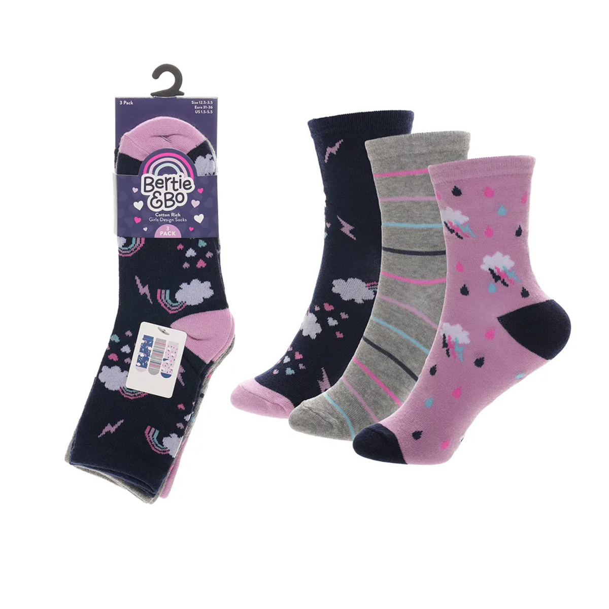 Bertie & Bo Cotton Rich Sock 3 Pack - Girls Rainbow and Clouds – My ...
